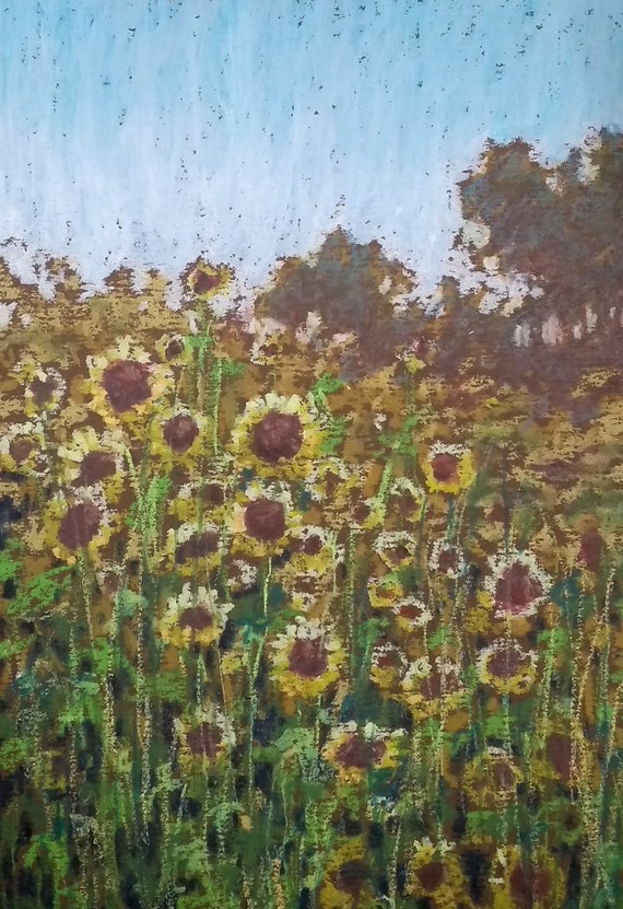 Original Oil Pastel Painting Sunflower Field | Etsy
