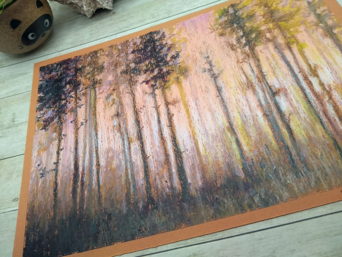 Original Oil Pastel Painting Forest in Rosy Light | Etsy