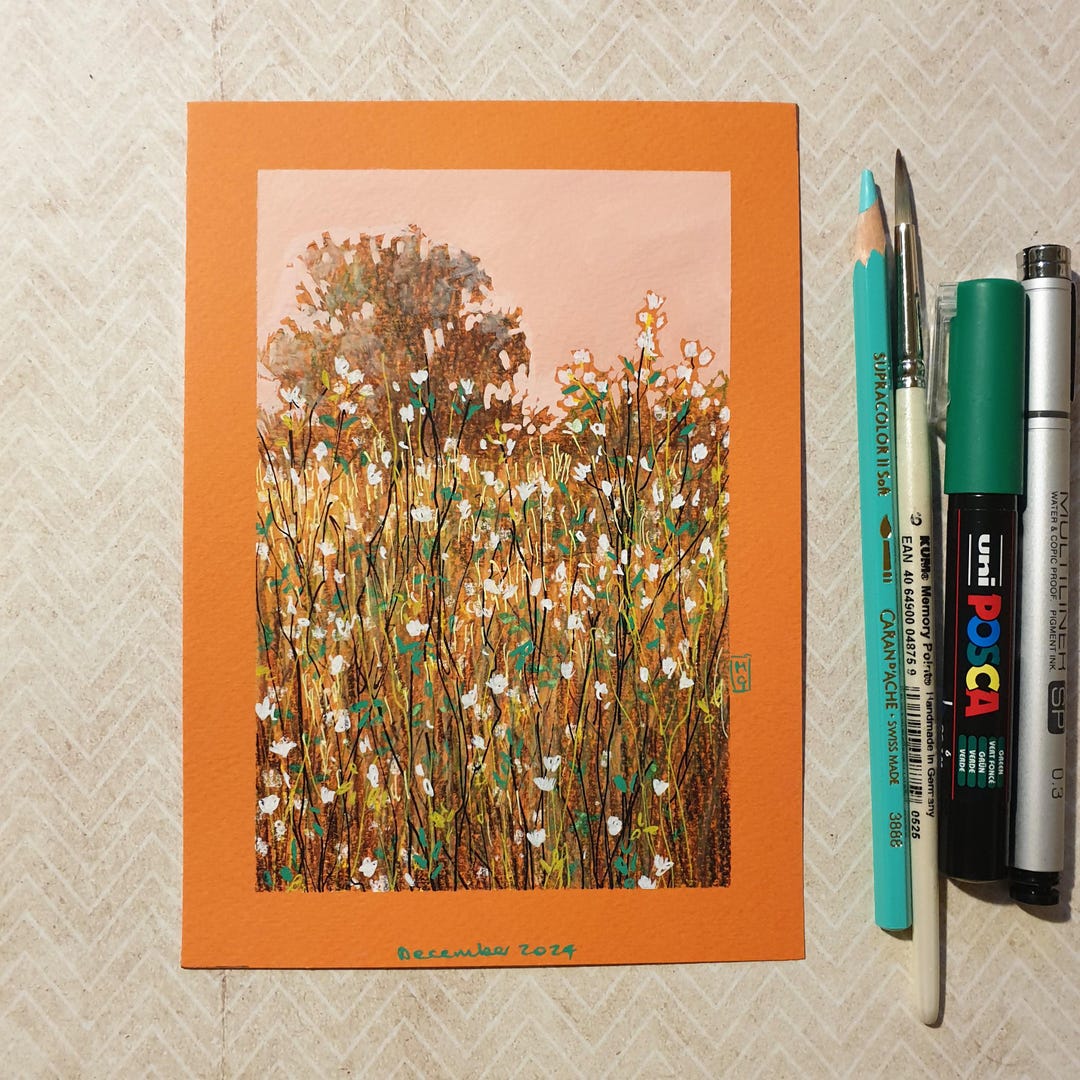 Autumn Flower Meadow Wall Art Original Drawing, Small Wall Decor ...
