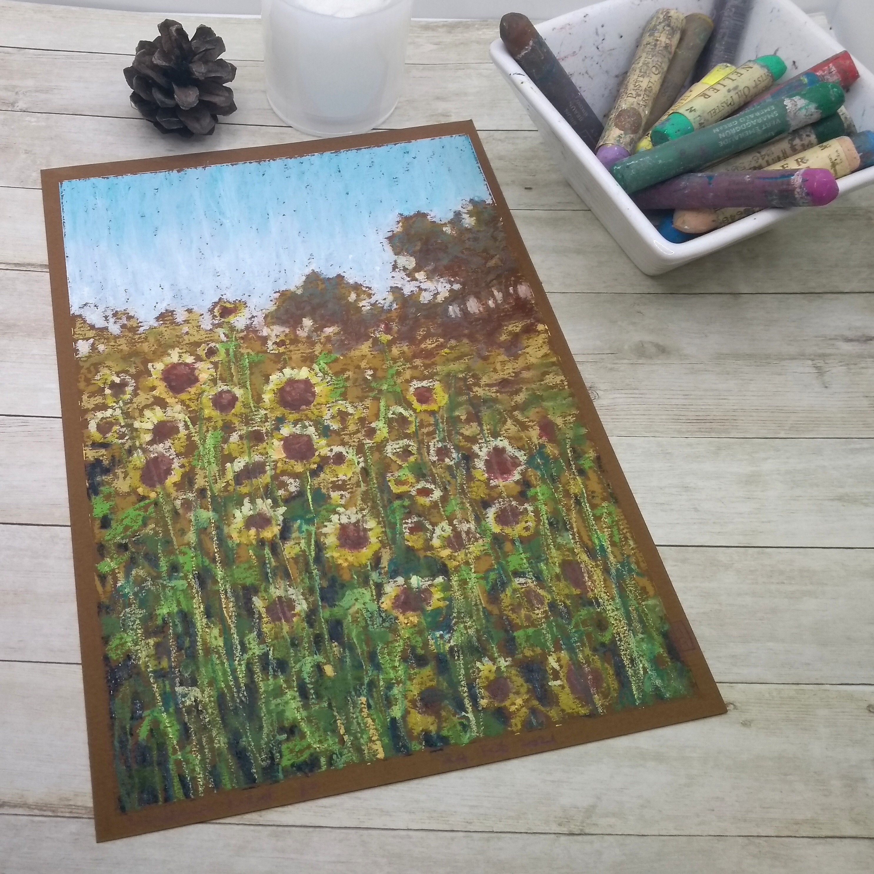 Original Oil Pastel Painting Sunflower Field | Etsy