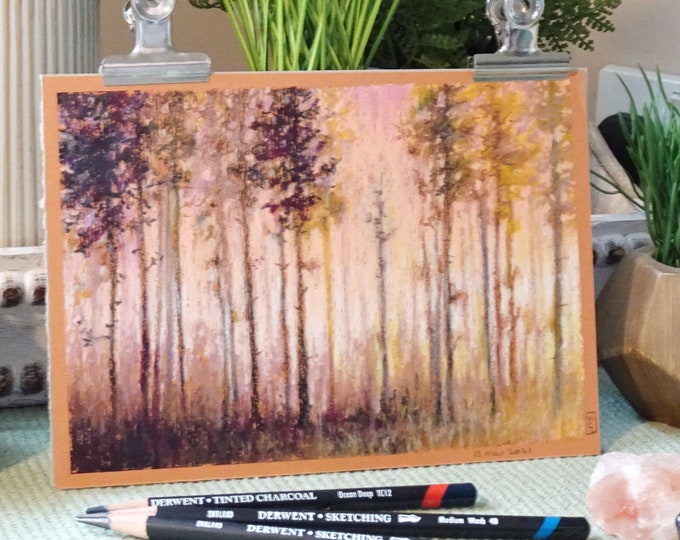 Original Oil Pastel Painting - Forest in Rosy Light - Etsy