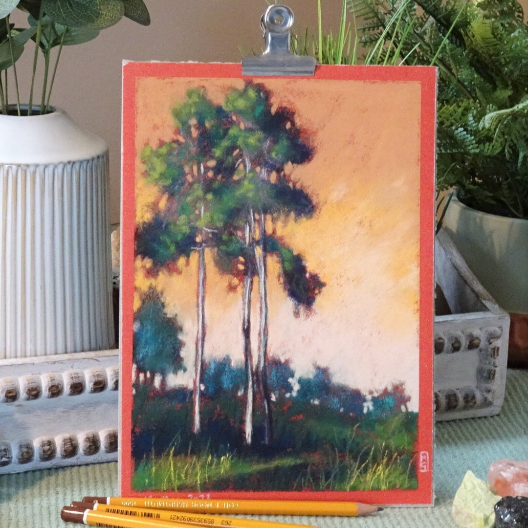 Original Soft Pastel Painting Three Trees With Orange Sky - Etsy