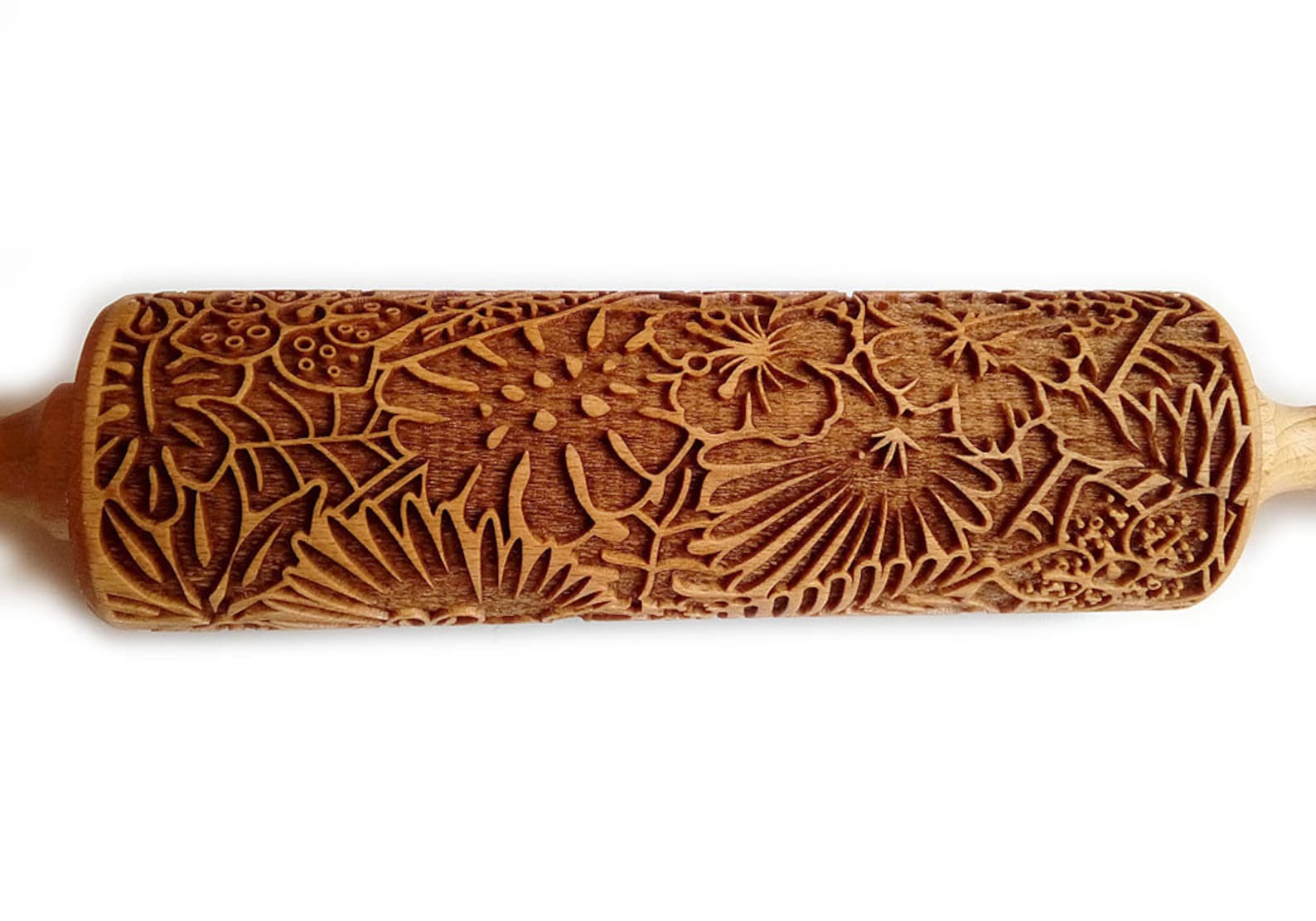 Engraved Rolling Pin, Flowers and Tropical Leaves, Wooden Embossed ...