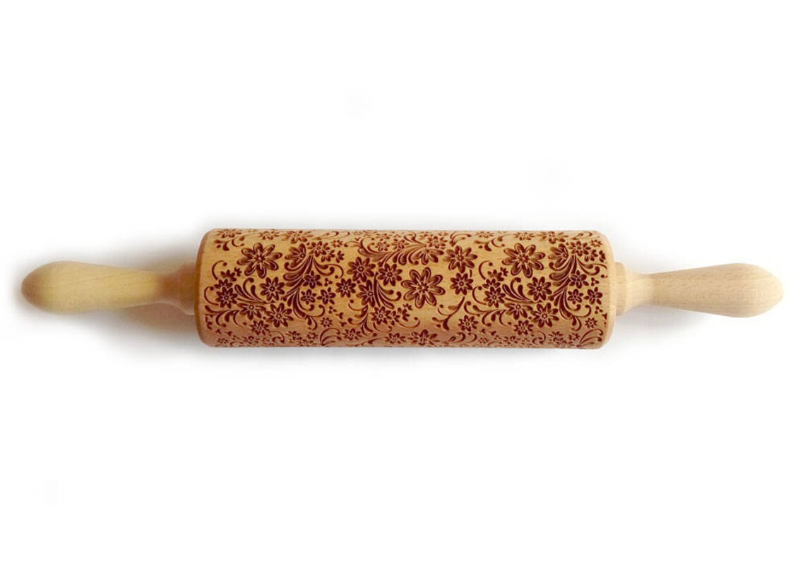 DELICATE FLORAL PATTERN, Engraved Rolling Pin, Wooden Embossed Rolling ...