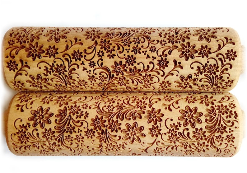 DELICATE FLORAL PATTERN, Engraved Rolling Pin, Wooden Embossed Rolling ...