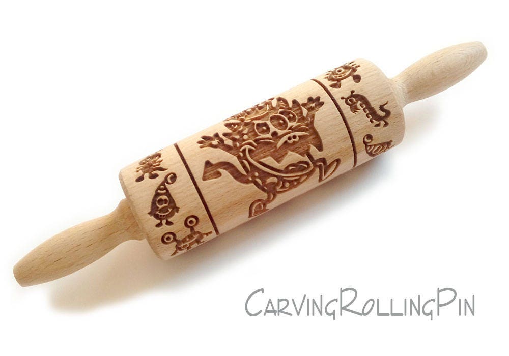 Happy Monsters Rolling Pin, Embossed Rolling Pin, Wooden Roller ...