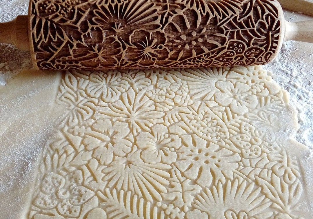 Engraved Rolling Pin, Flowers and Tropical Leaves, Wooden Embossed ...