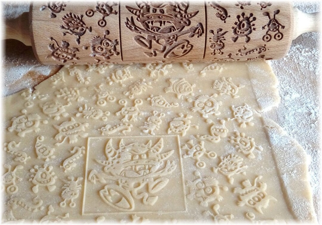 Monsters, Embossing Rolling Pin, Engraved Rolling Pin, Wooden Roller ...
