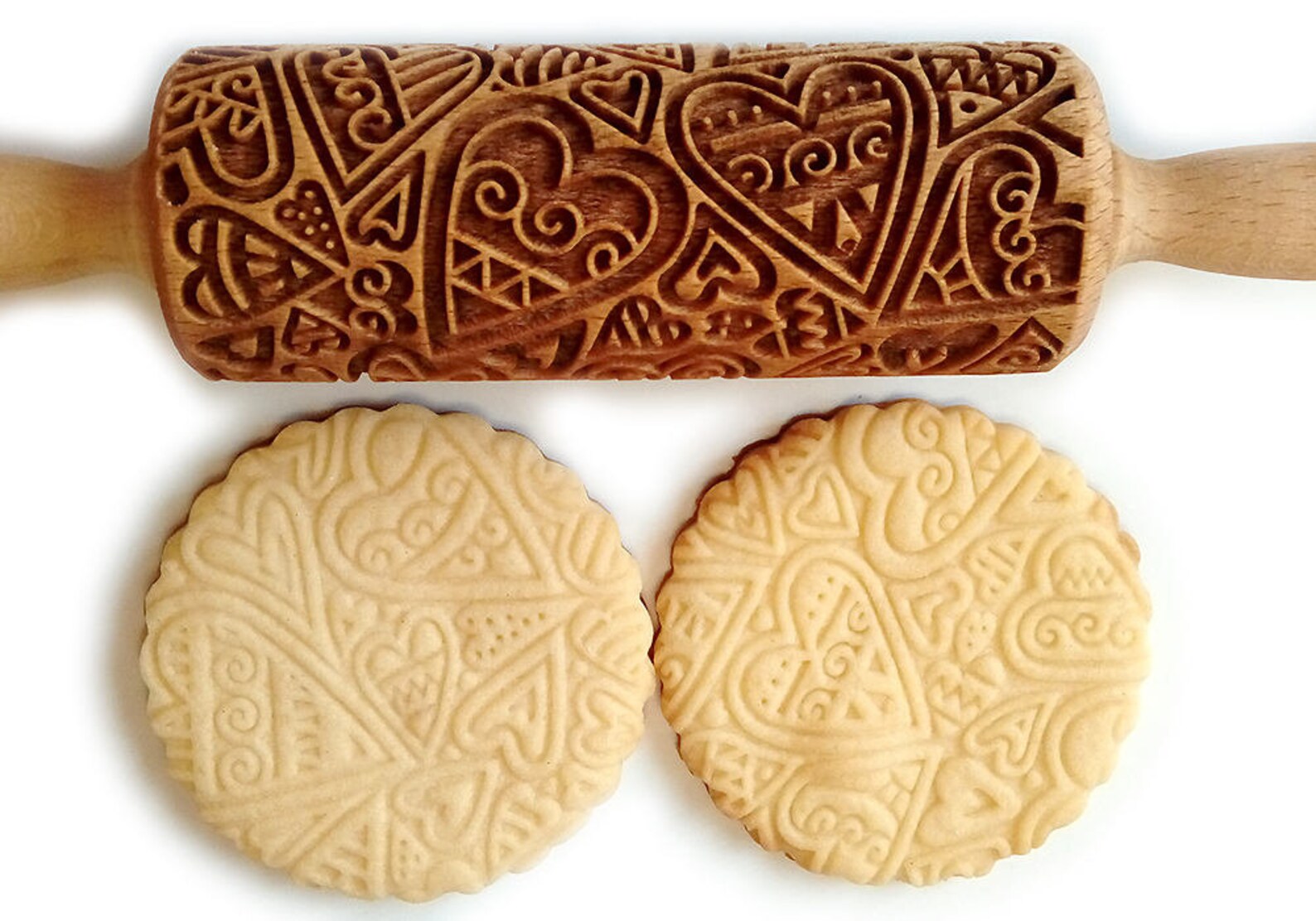 DECORATIVE HEARTS, Embossed Rolling Pin, Embossing Cookies, Wooden ...