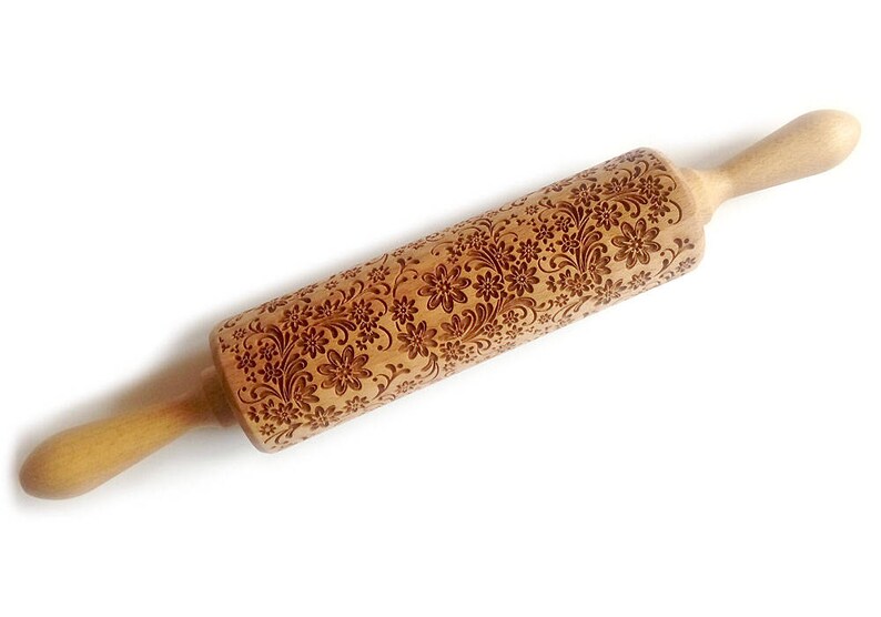 DELICATE FLORAL PATTERN, Engraved Rolling Pin, Wooden Embossed Rolling ...