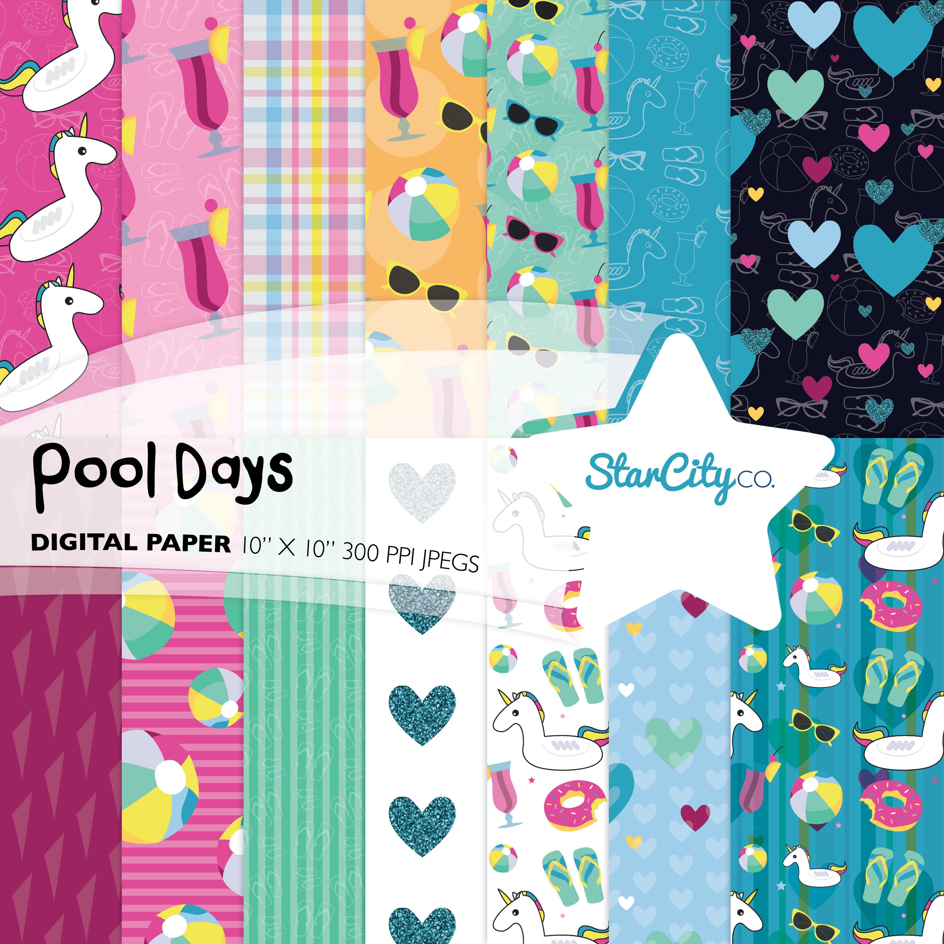 Pool Paper Pack, Summer Paper Pack, Summer Digital Paper Pack, Summer ...