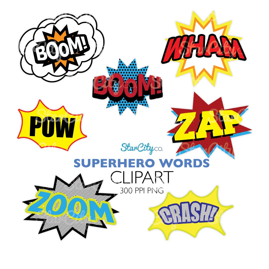 Superhero Clipart, Superhero Word Clipart, Comic Book Clipart, Birthday ...