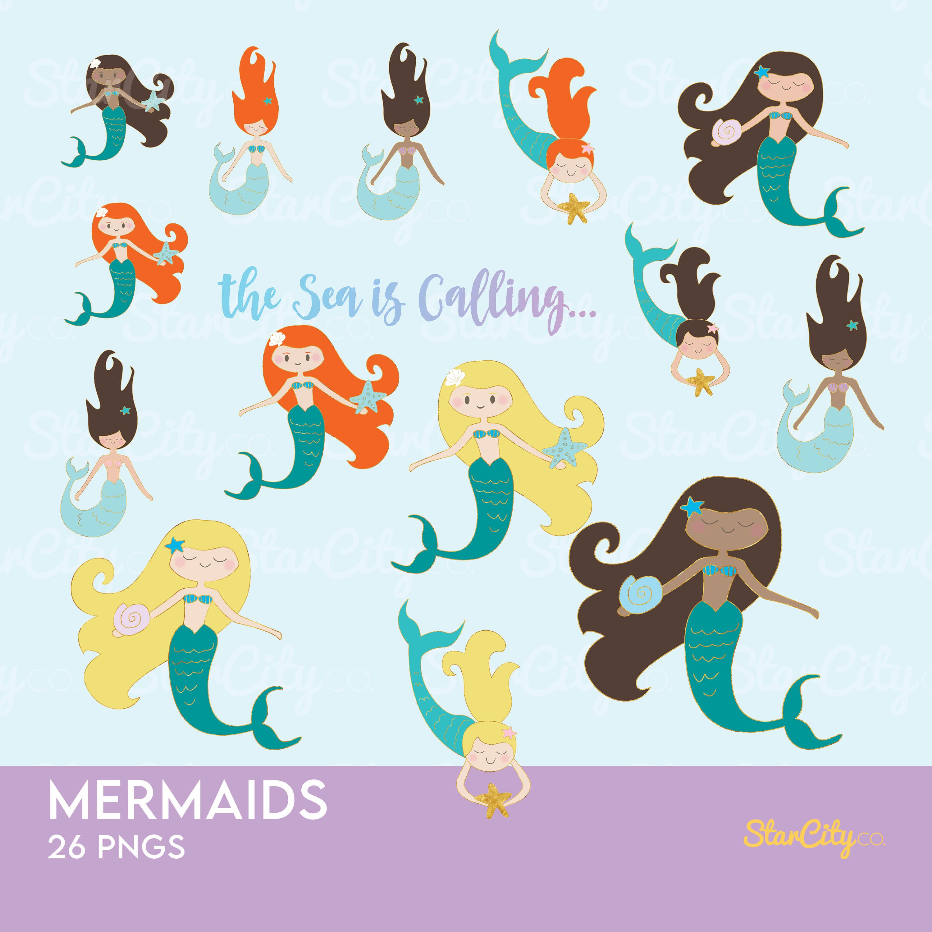 Mermaid Clipart, Ocean Clipart, Hand Drawn Clipart, PNG, Digital Paper ...