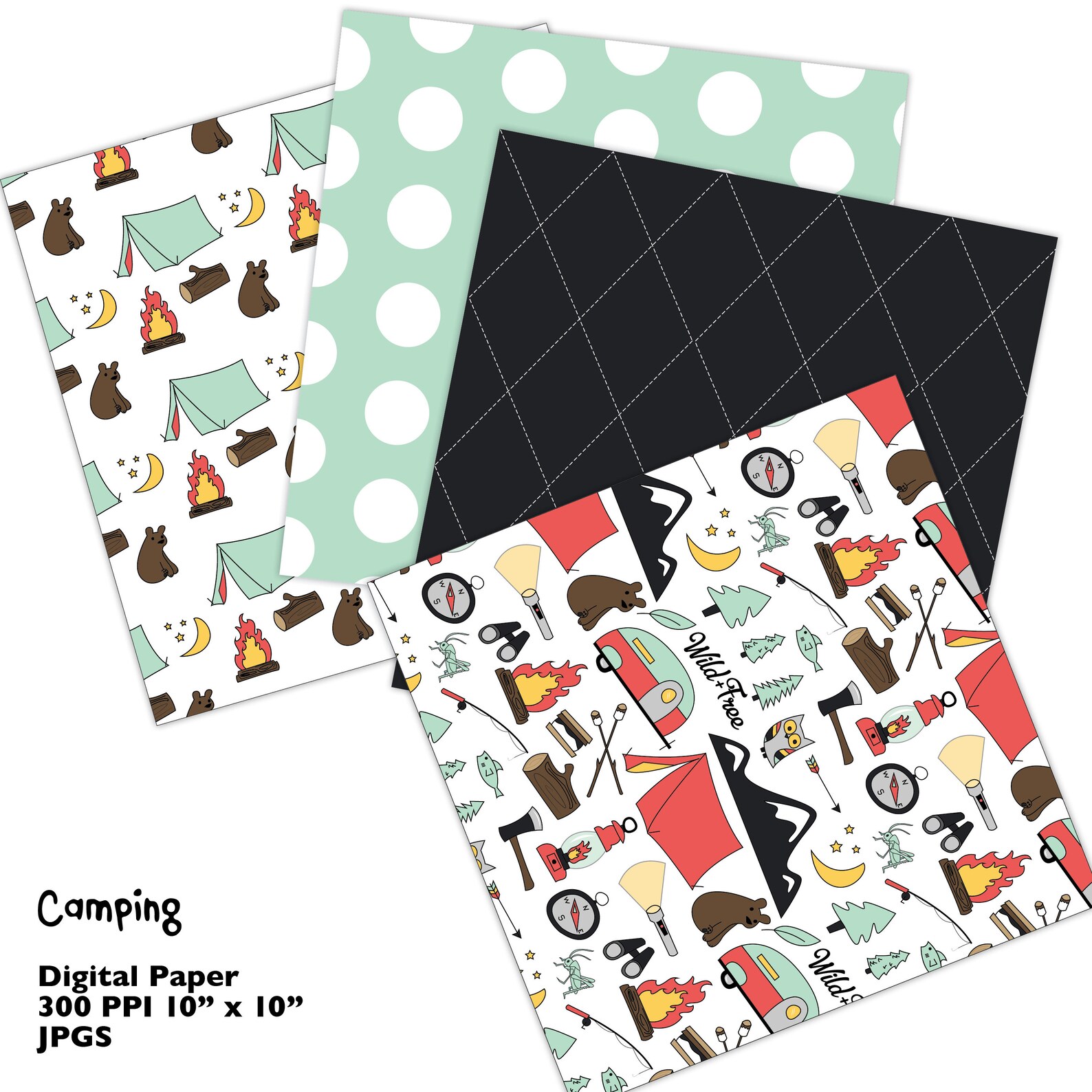 Camping Digital Paper Pack, Digital Pattern, Campsite Paper Pack, Camp ...