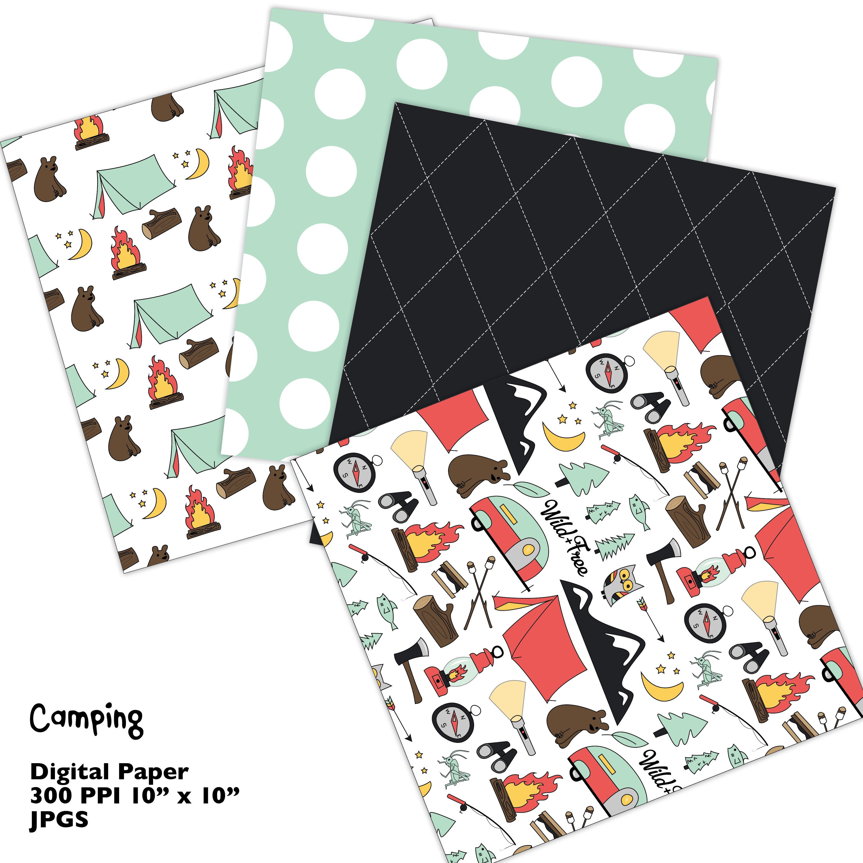 Camping Digital Paper Pack, Digital Pattern, Campsite Paper Pack, Camp ...