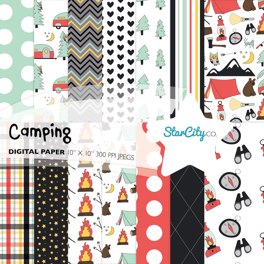 Camping Digital Paper Pack, Digital Pattern, Campsite Paper Pack, Camp ...