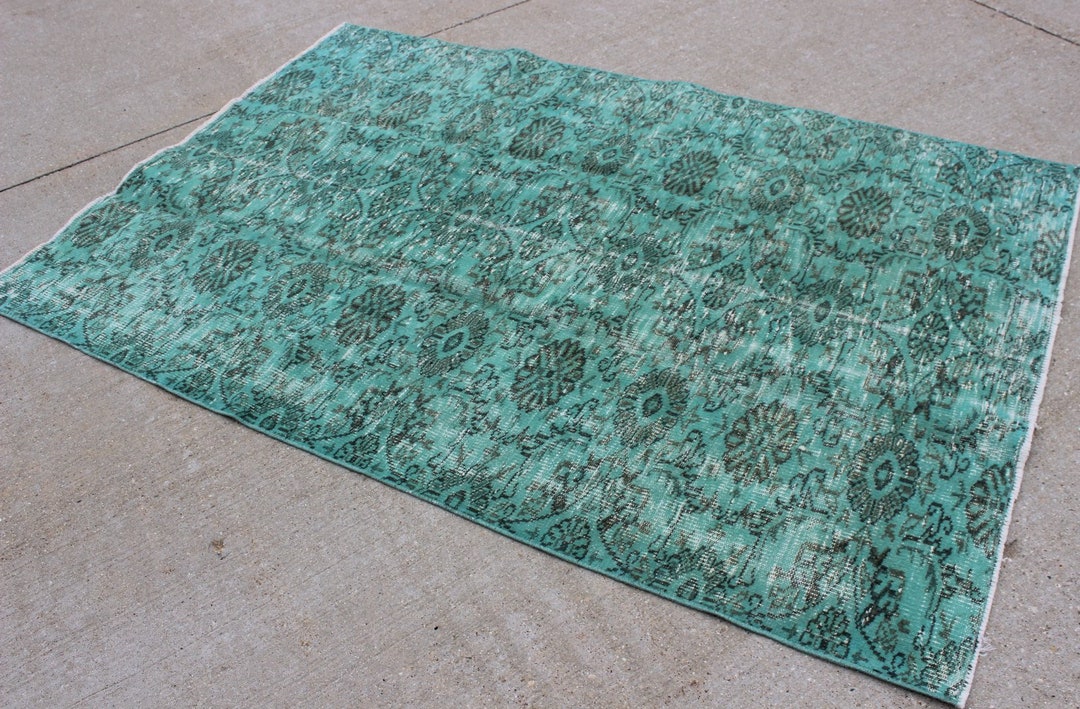 4' 8 X 7' Green Turquoise Brown Vintage Over Dyed Rug, Midcentury ...