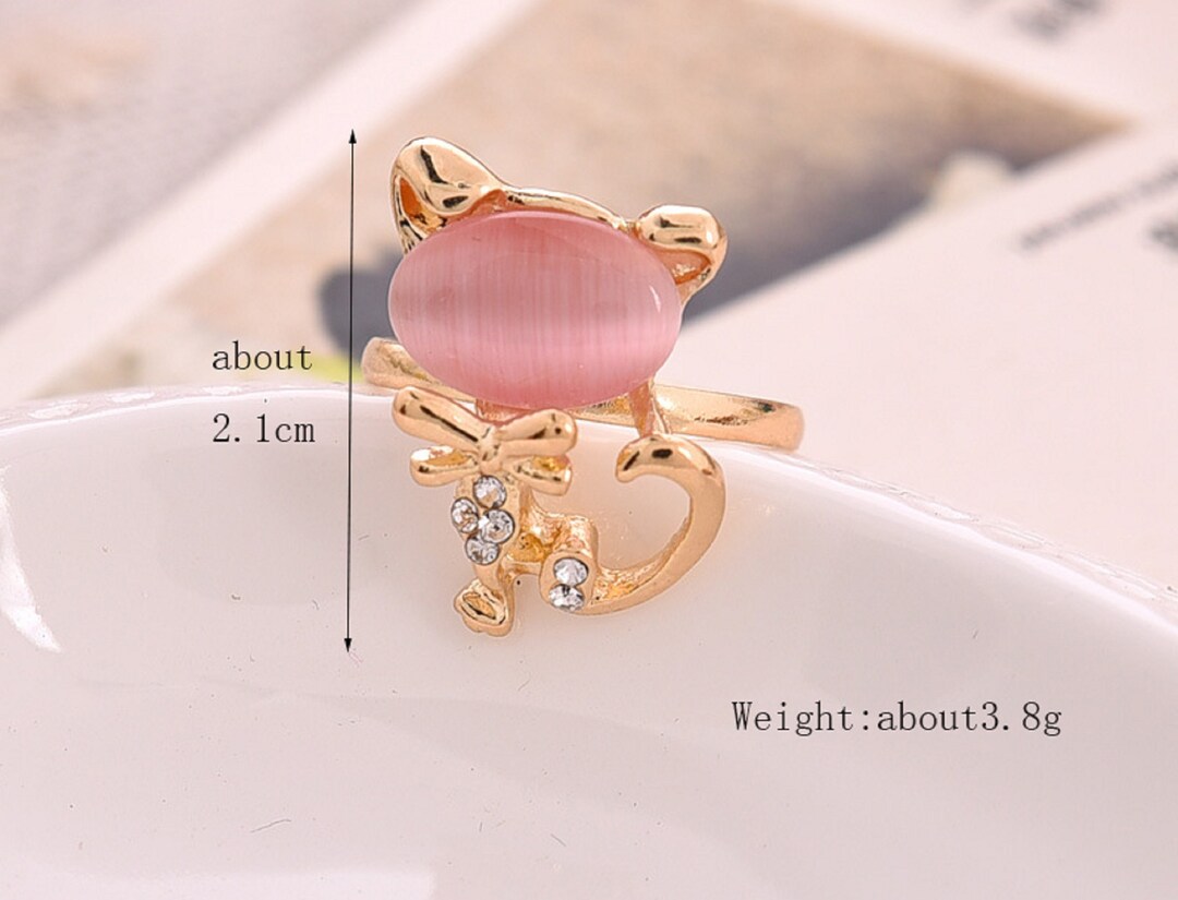Pink Opal & Crystal Women Cat Ring Cute Kitten Ladies Girls Finger Ring ...