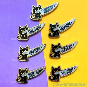Pronouns Stabby Cats Hard Enamel Pins Be Gay Do Crime LGBT Pronouns Cat ...