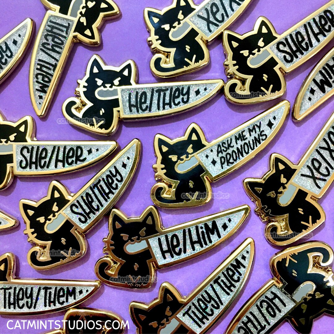 Pronouns Stabby Cats Hard Enamel Pins Be Gay Do Crime LGBT Pronouns Cat ...
