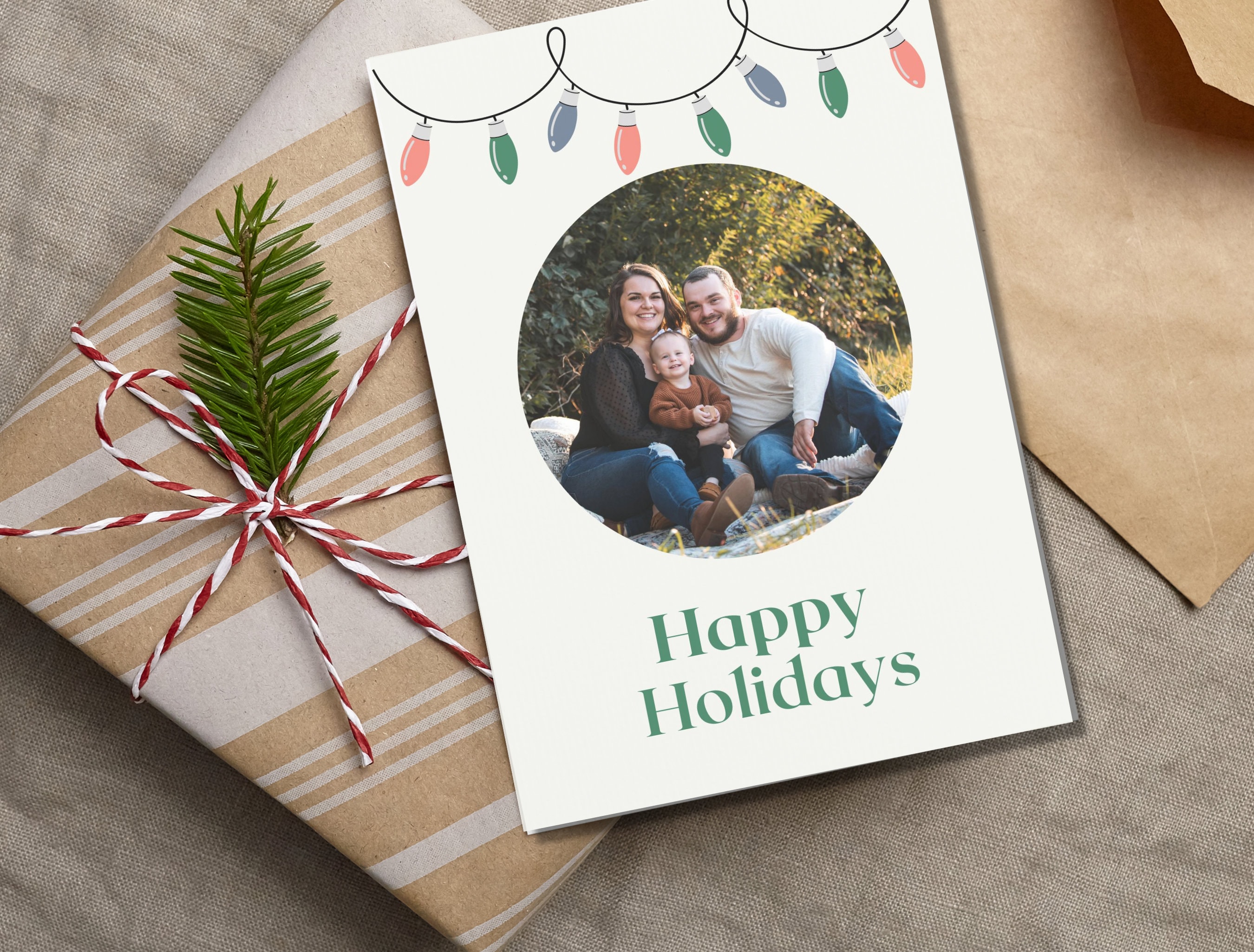 Holiday Lights Christmas Card Template Front and Back Modern Holiday ...