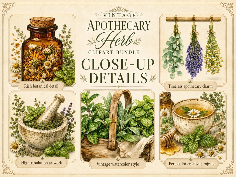 Vintage Apothecary Herbs Clipart Bundle, Botanical Garden PNG, Junk ...