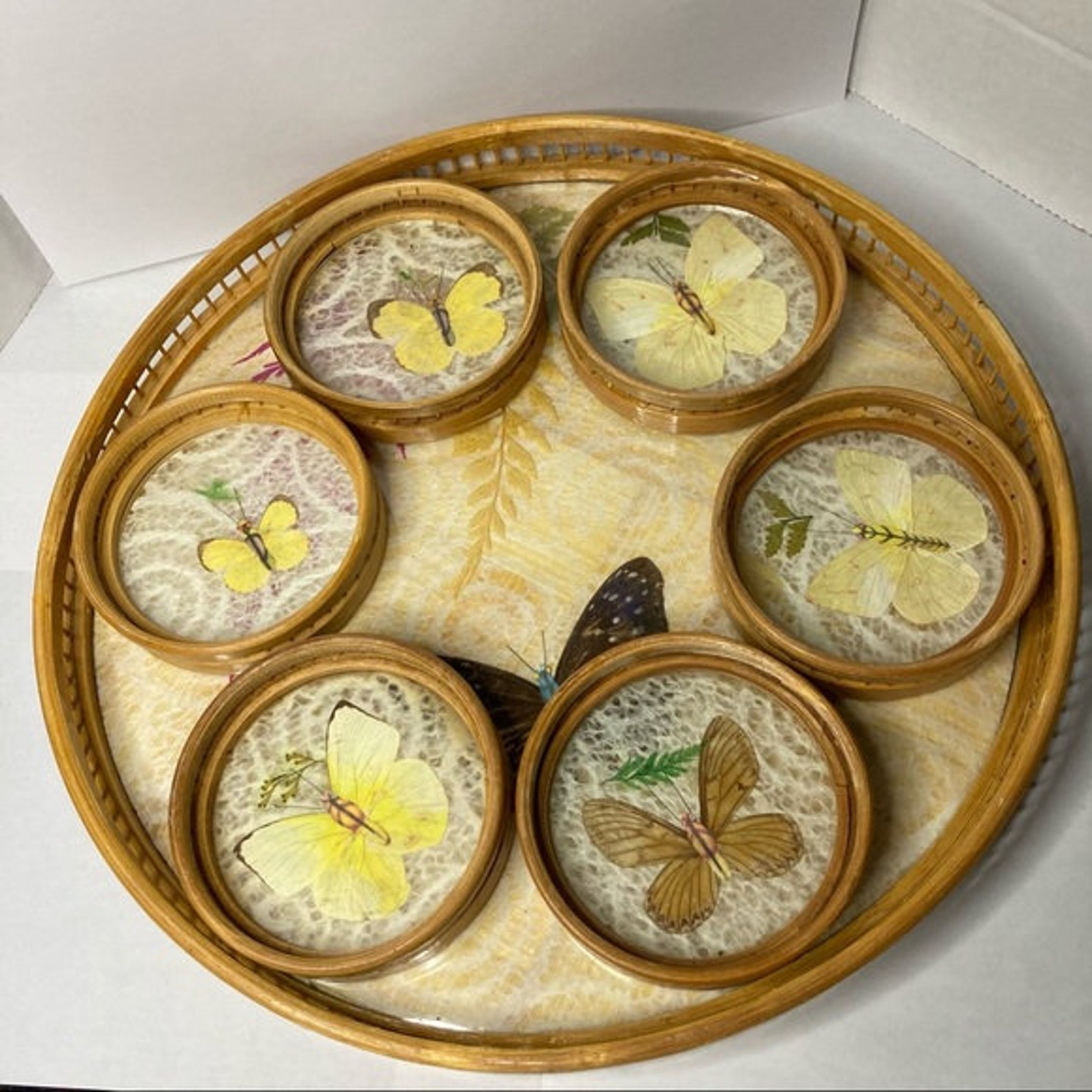 VTG Bamboo Butterfly Coaster Caddy Set Box 1960s | Etsy