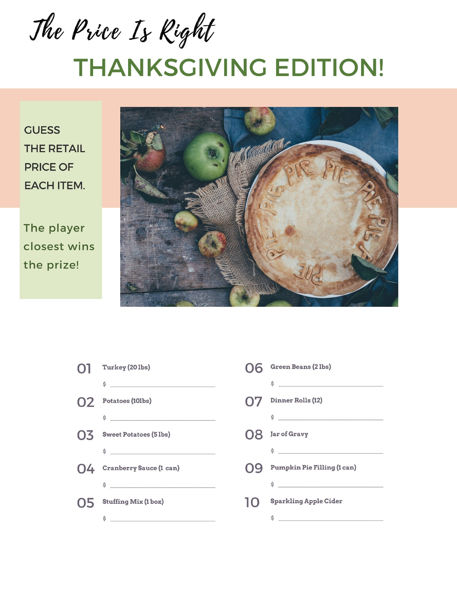 The Price is Right Printable / Thanksgiving Game / Guessing Games ...
