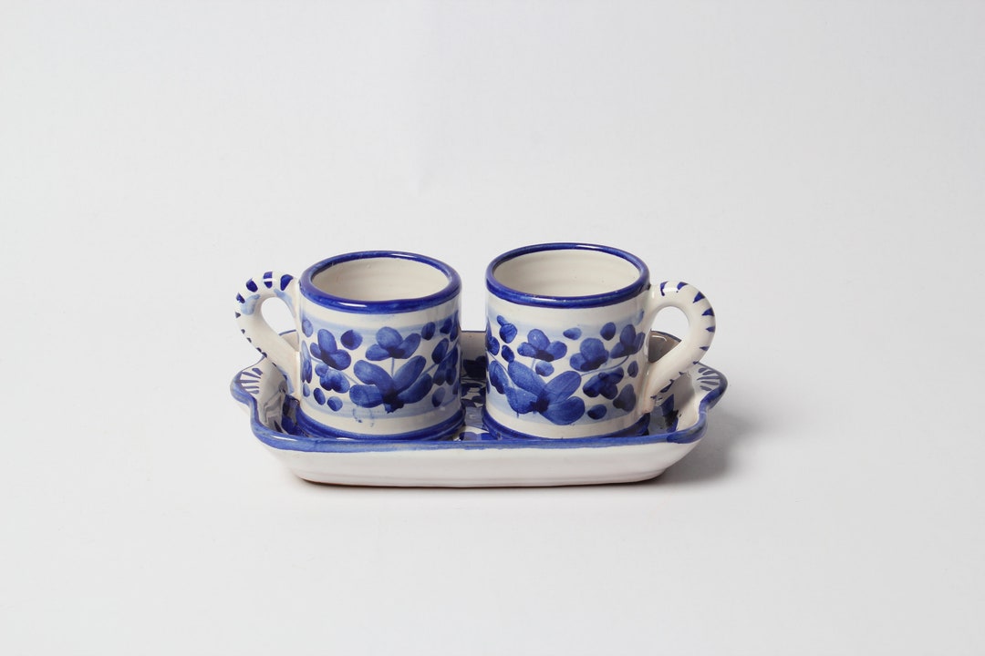 Pair of Hand-painted Deruta Artisanal Coffee Cups, With Tray, Made in ...
