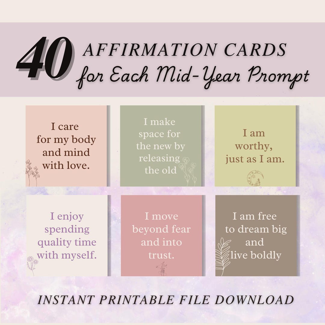 Mid-year Affirmation Cards Printable, 40 Positive PNG Cards for Prompts ...
