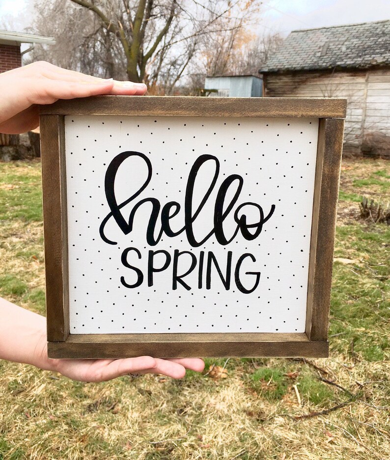 Hello spring sign hand lettered wood sign spring decor | Etsy