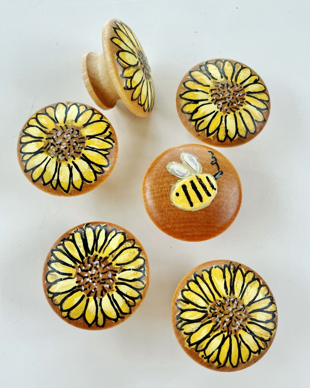 Sunflower Knobs, Perfect for Flower, Nature Theme, Nursery, or Yellow Lovers. Hand Painted Wood ...