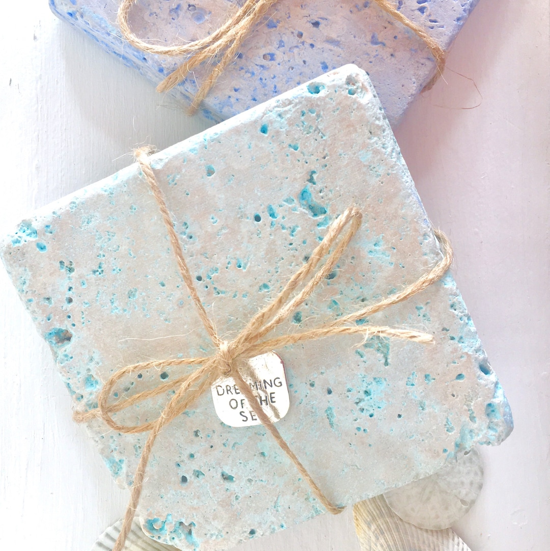 Stone Coaster Set Color Washed in Seaglass Green, Boho Blue, Pink, Set ...