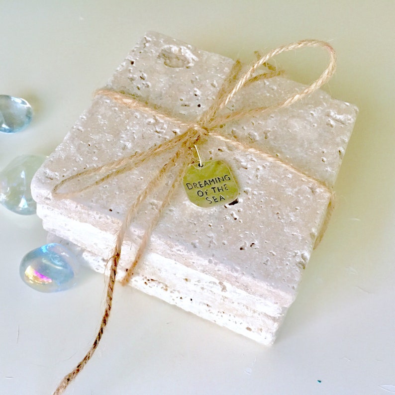 Stone coasters set of 2. Natural tumbled tile coasters. Cork | Etsy