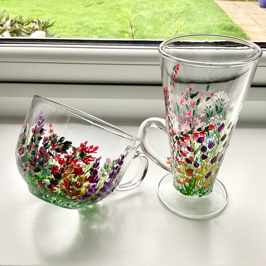 Pretty Hand Painted Summer Flowers Large Glass Tea Cup or Matching ...