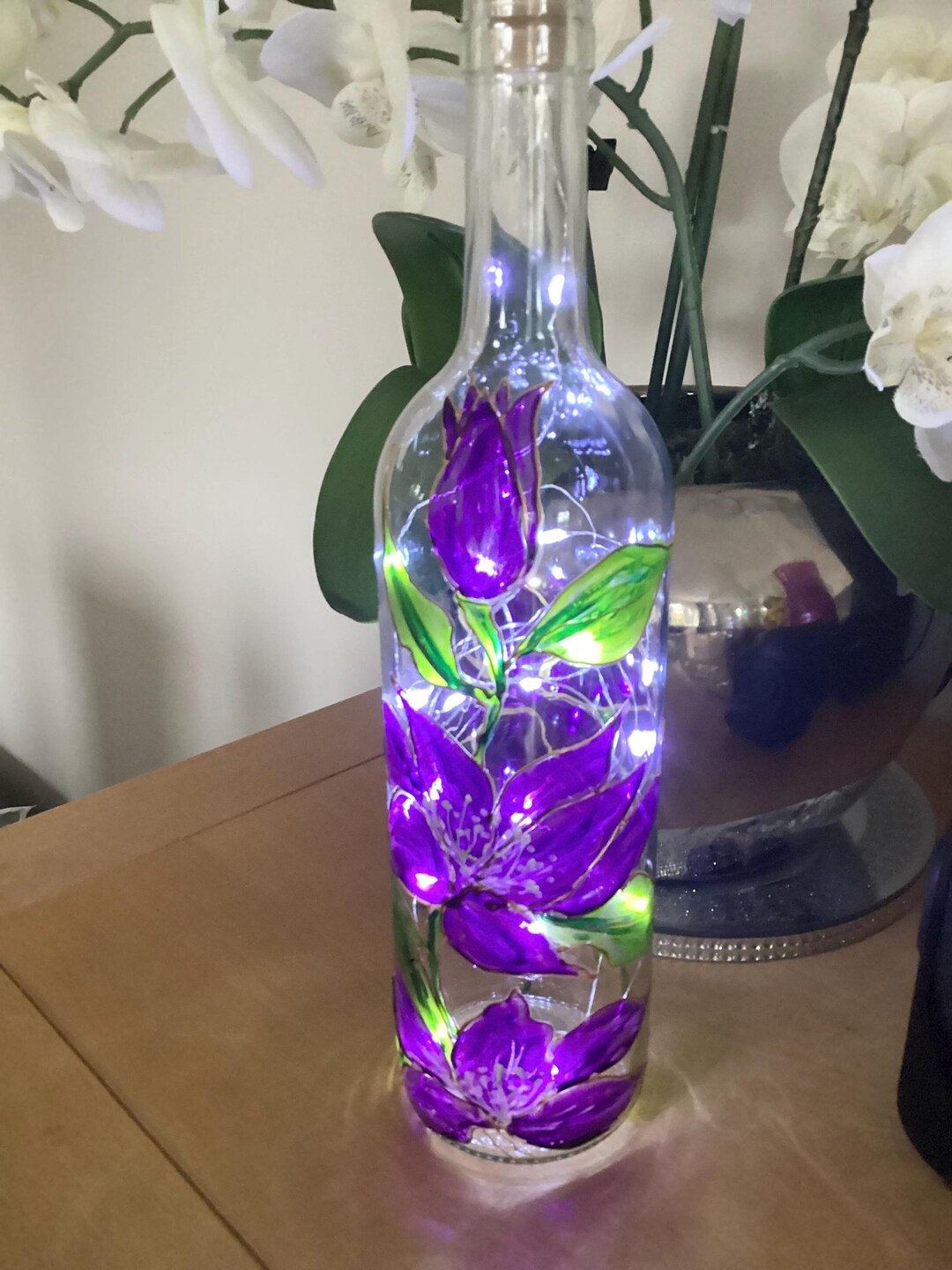 Hand Painted Purple Clematis Glass Wine Bottle Light With Battery ...
