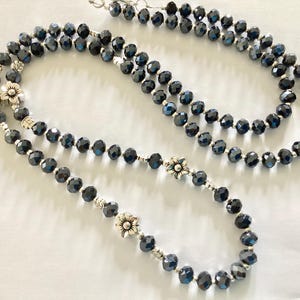 Long Sparkly Graphite Crystal Glass Beaded Necklace Statement Necklace ...