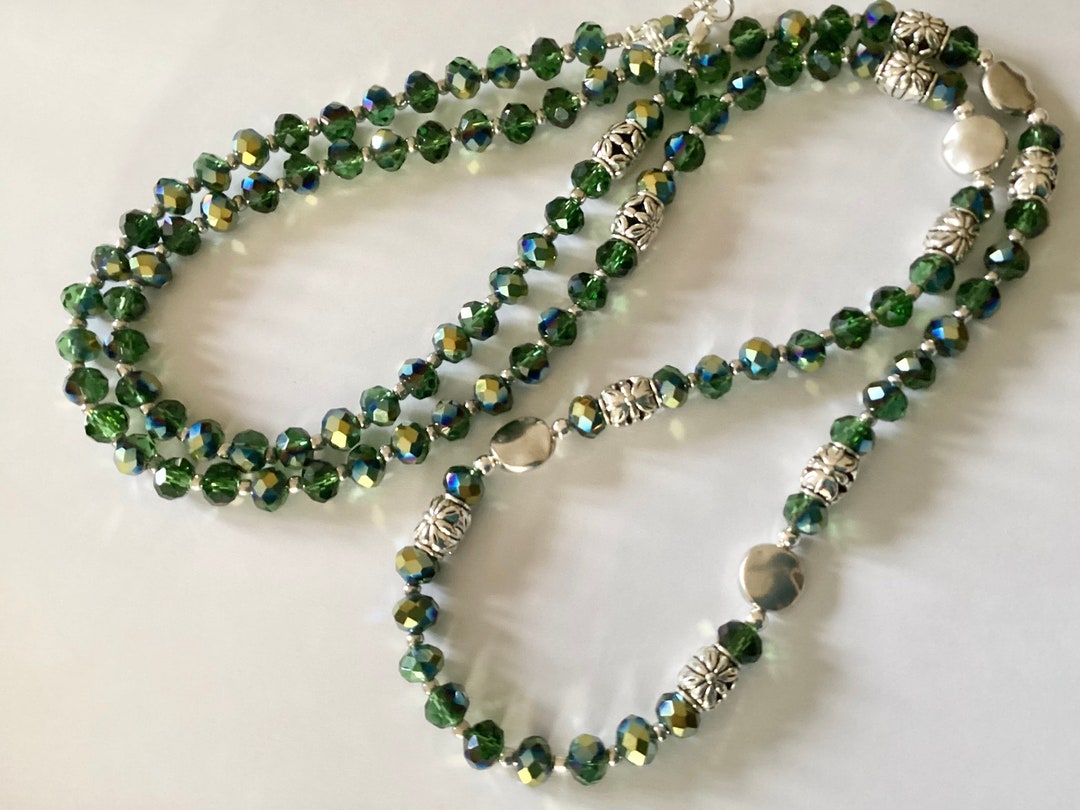 Long Sparkly Olive Green Crystal Glass Necklace Flapper Handmade ...