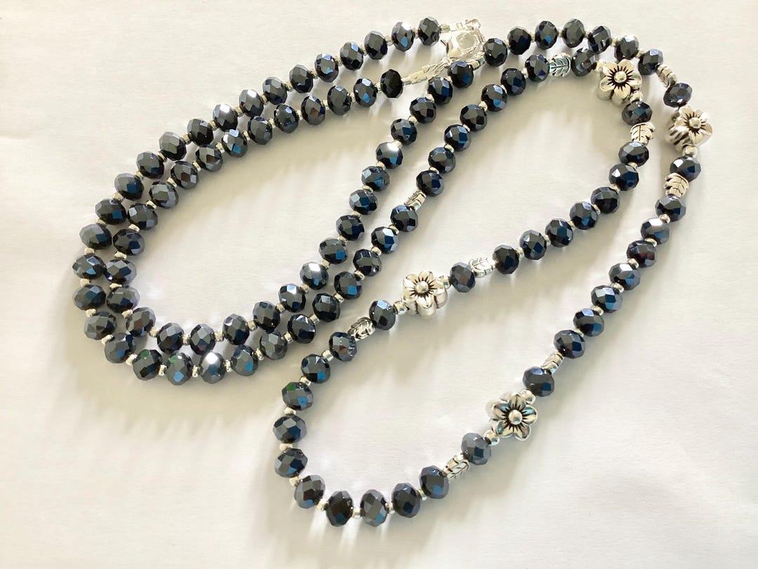Long Sparkly Graphite Crystal Glass Beaded Necklace Statement Necklace ...