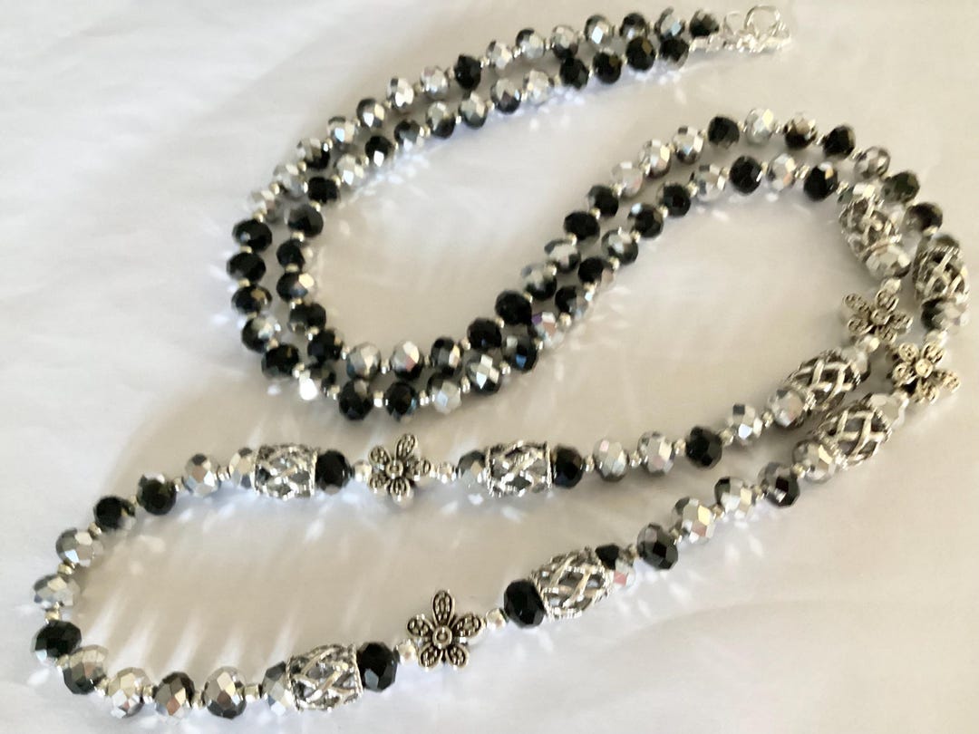 Long Black Silver Crystal Glass Beaded Necklace: Flapper Style ...