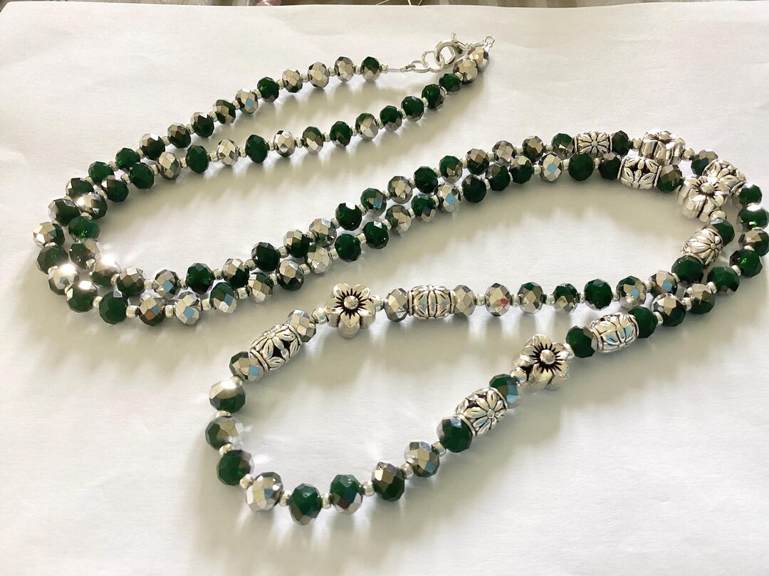 Long Dark Green Crystal Beaded Necklace: Handmade Flapper Style - Etsy
