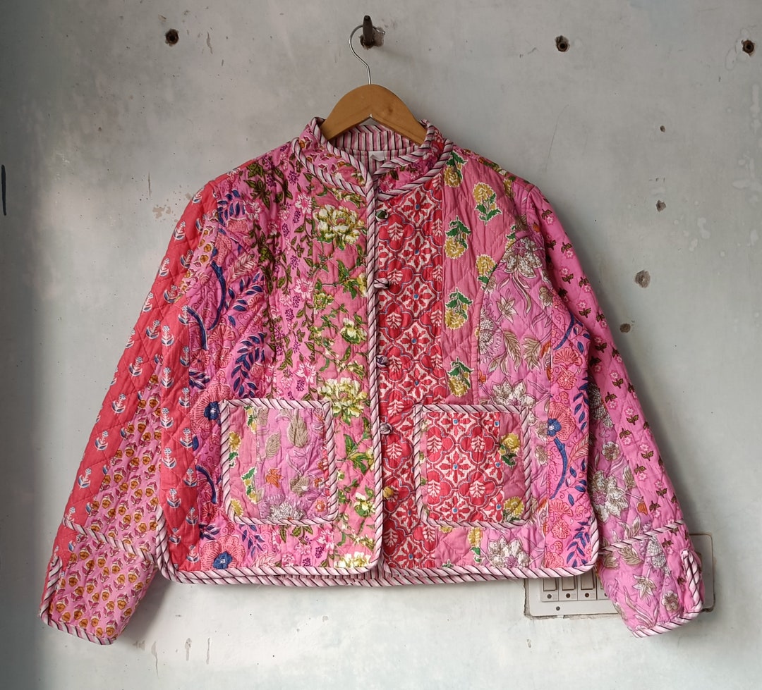 Indian Handmade Patchwork Cotton Quilted Jacket, Vintage Peach New ...