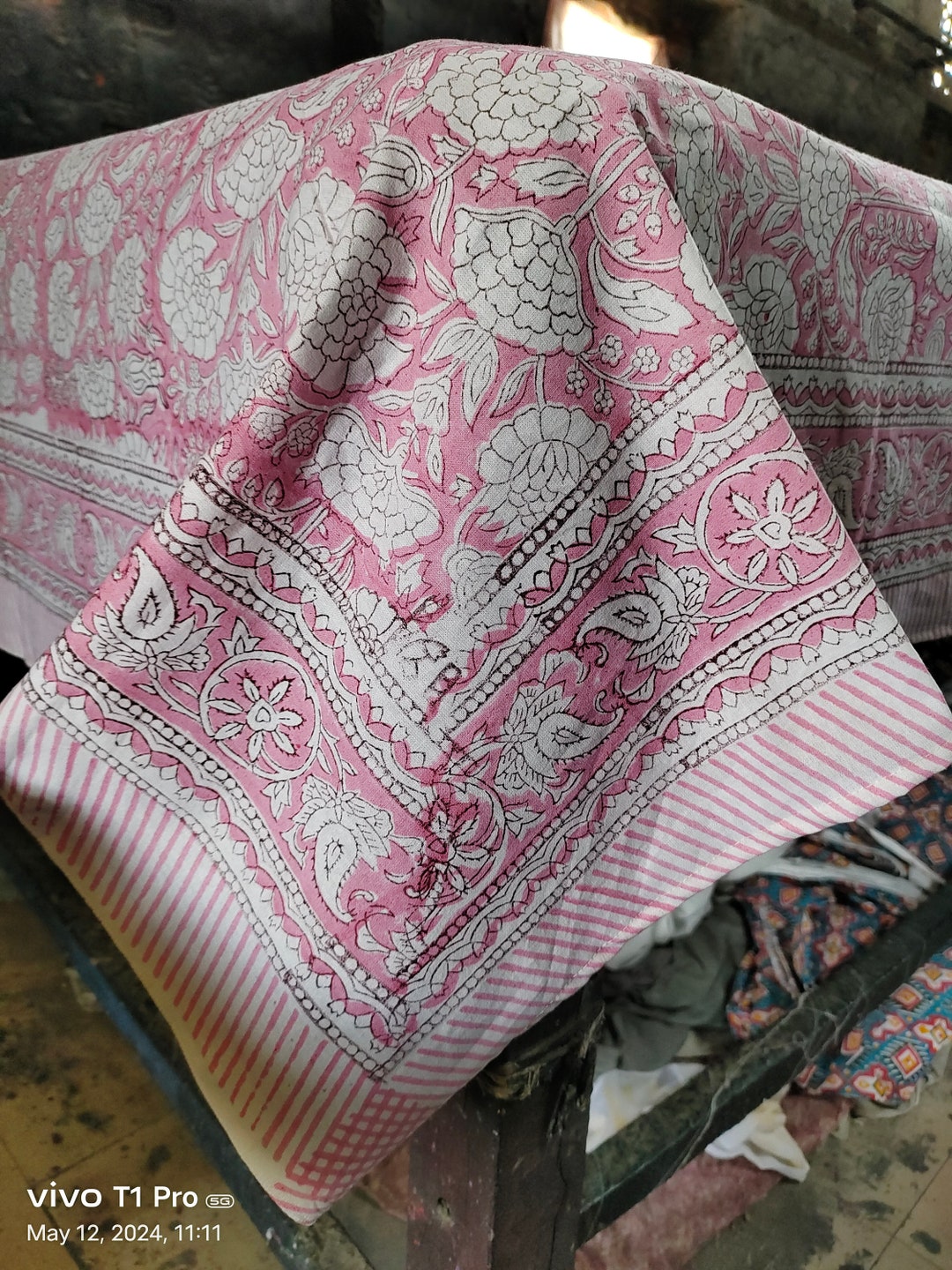 Vintage Pink Floral Tablecloth: Hand Block Print Indian Cotton - Etsy