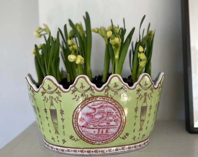 Large Lime Green and Pink Scalloped Edge Cachepot Jardiniere Planter - Etsy