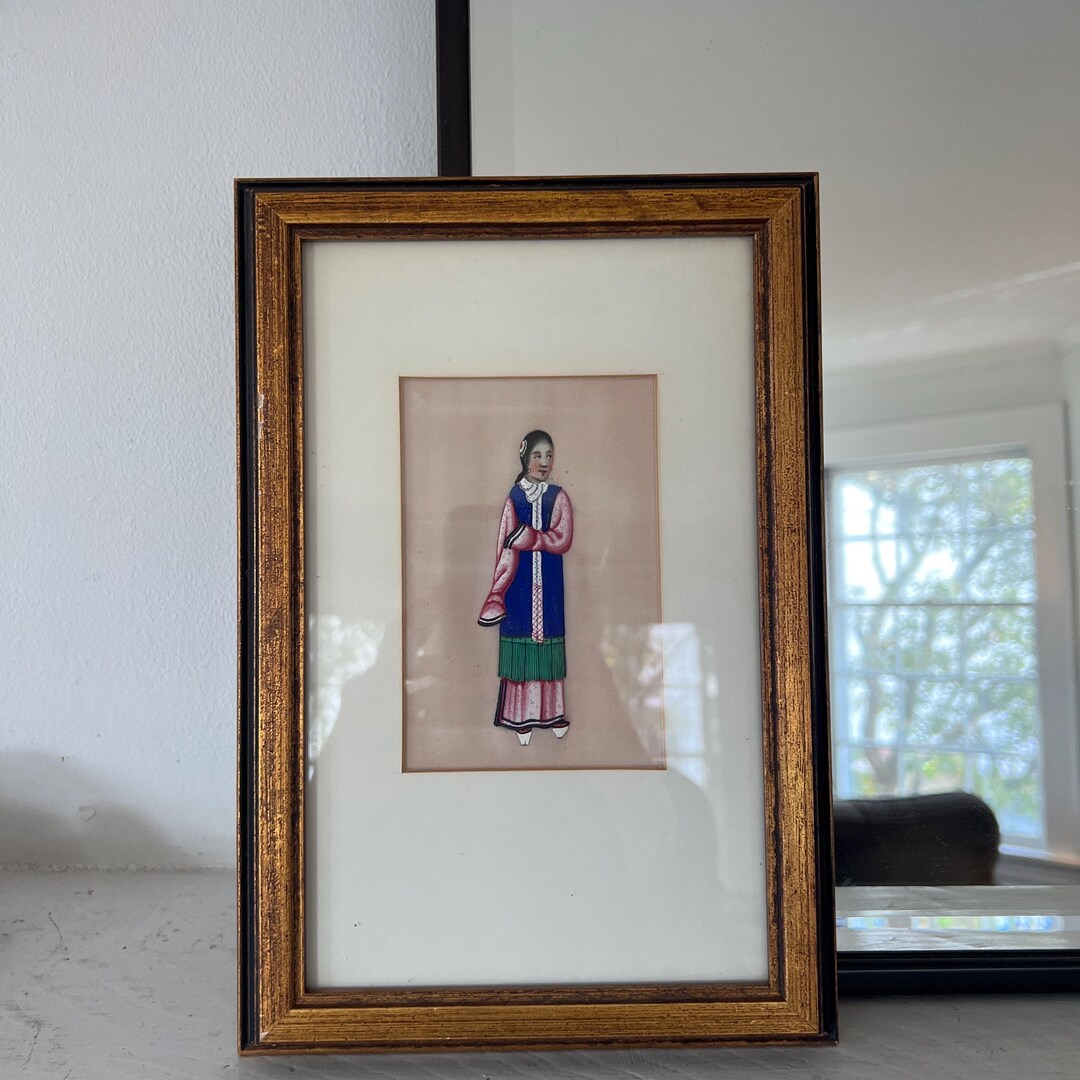Chinese Antique Pith Painting Rice Paper Framed woman Purple and Pink ...