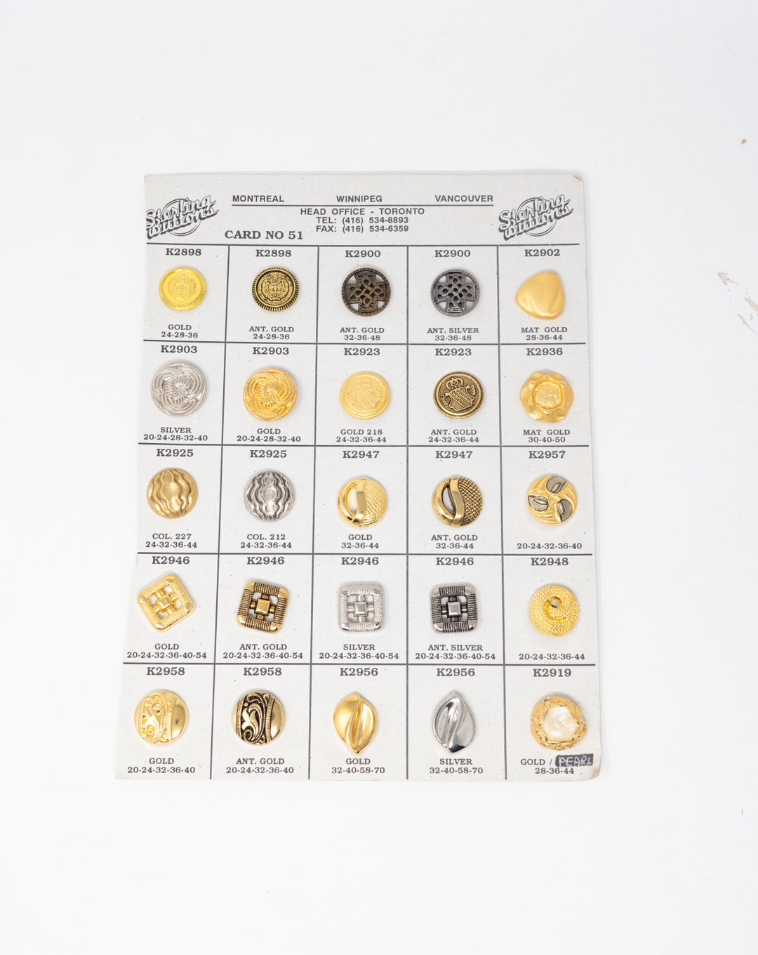 Sterling Buttons Catalogue Page With Buttons and Their Skus, Salesman ...