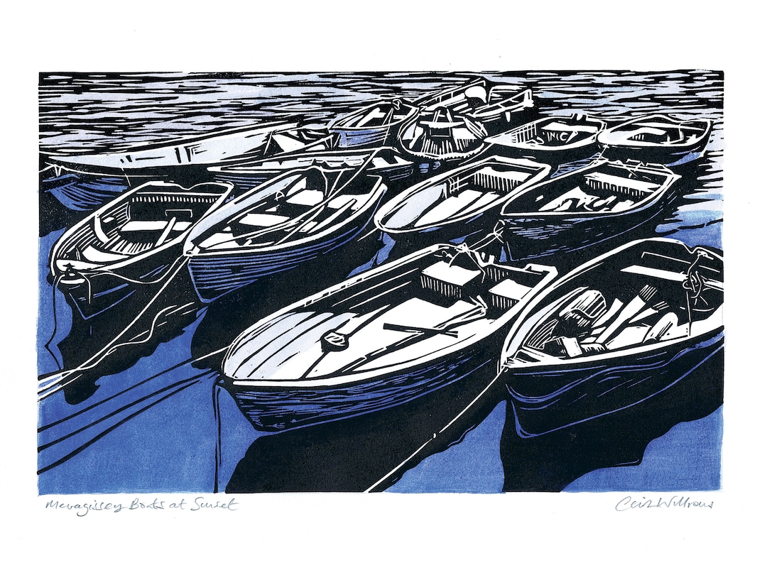 Linocut Print. Mevagissey Boats at Sunset. Handmade Linocut Print Hand ...