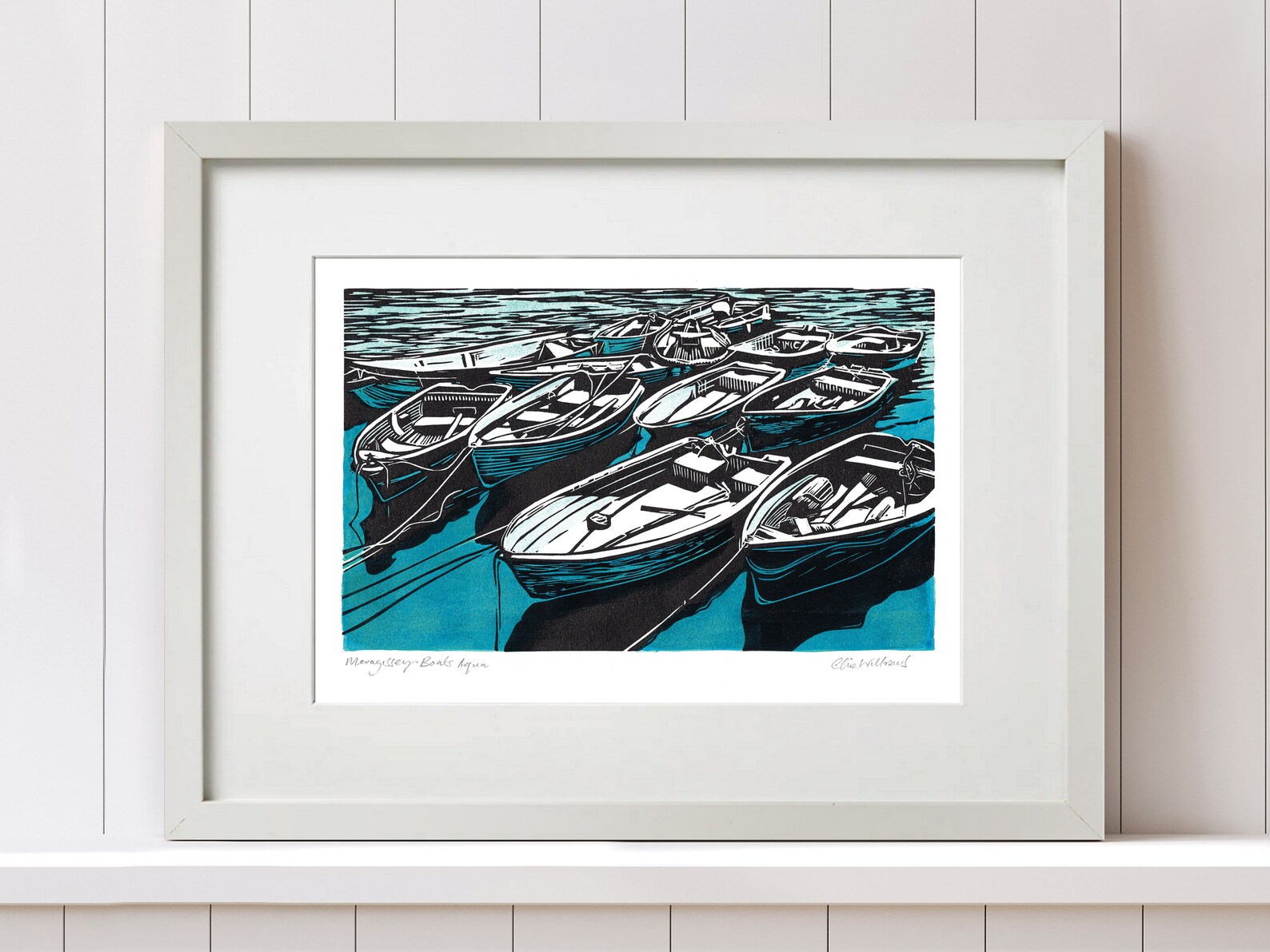 Linocut print. Mevagissey Boats Aqua. Handmade Linocut Print | Etsy