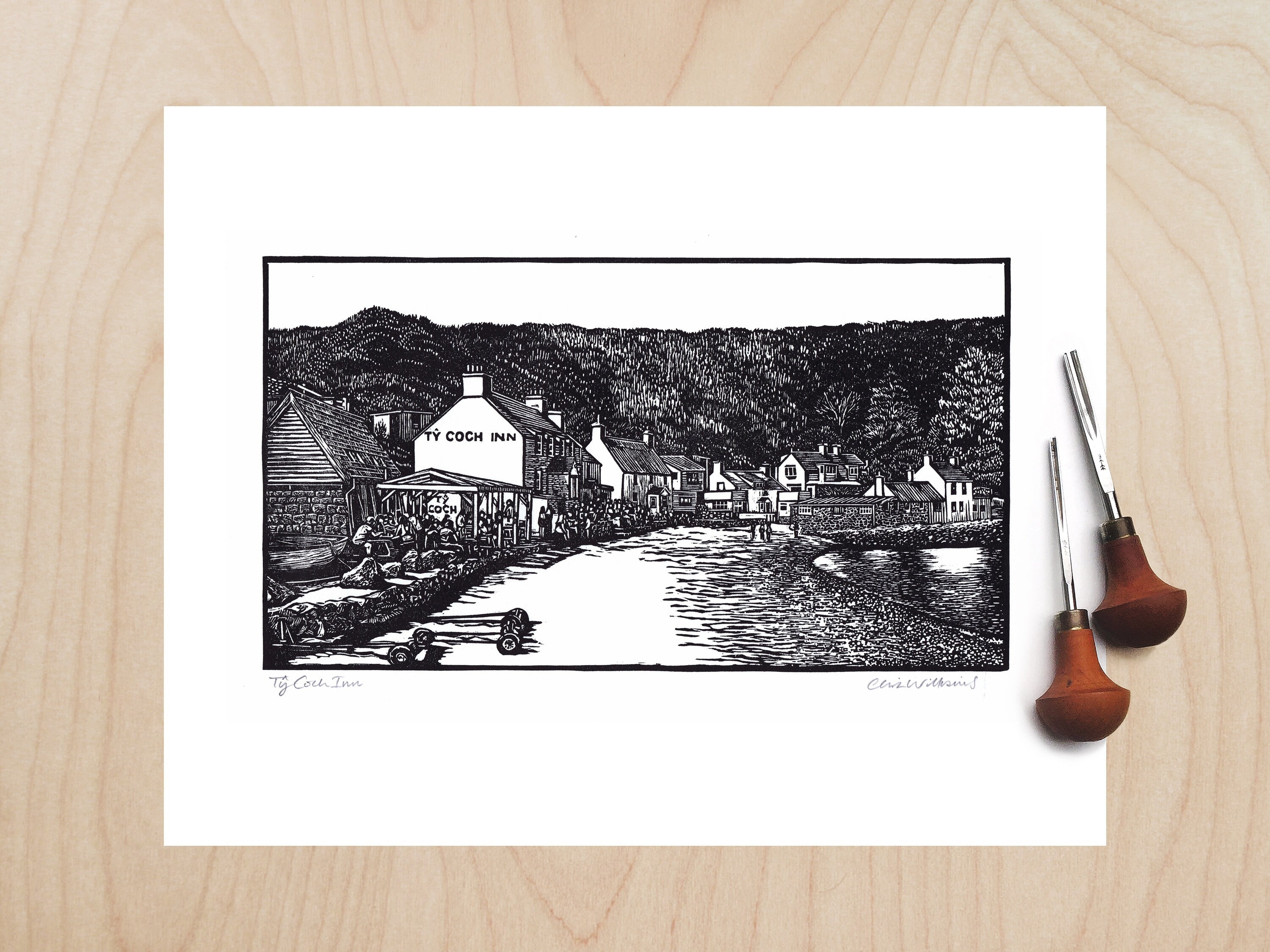 Linocut Print. Linoprint. Ty Coch Inn Wales - Etsy UK