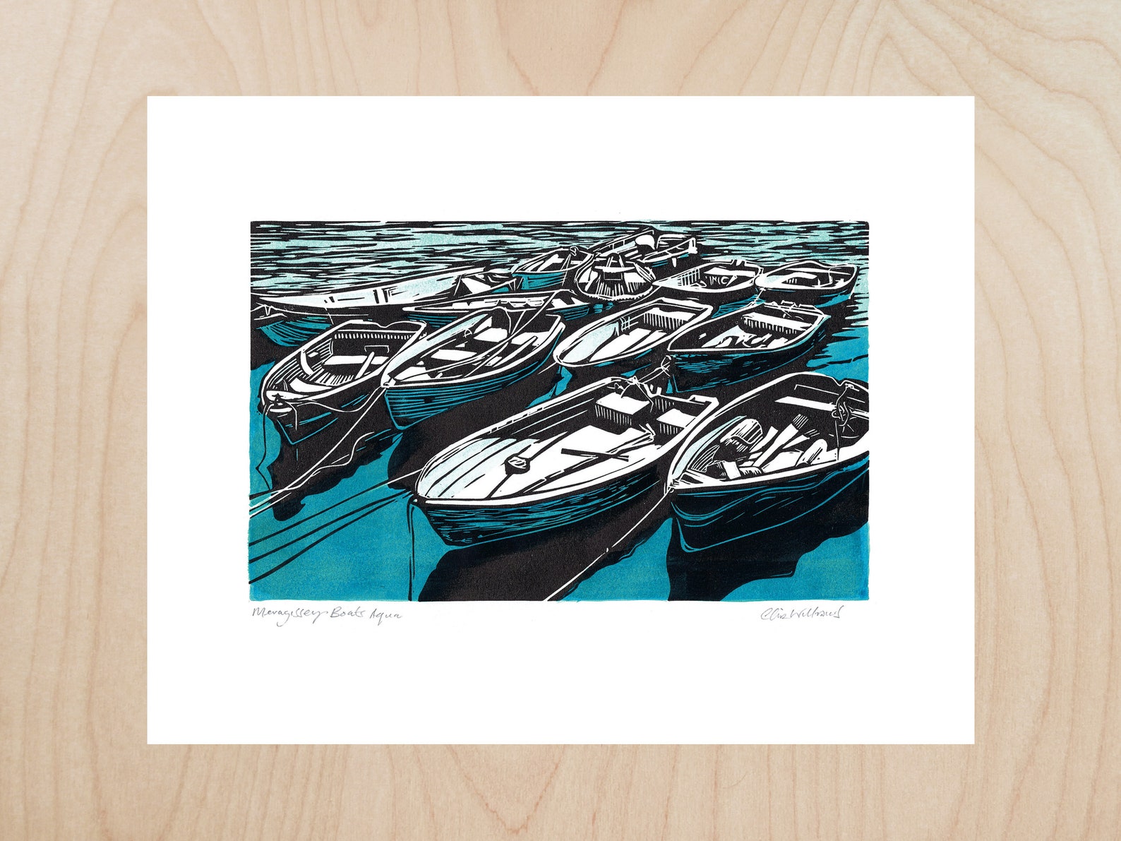 Linocut print. Mevagissey Boats Aqua. Handmade Linocut Print | Etsy